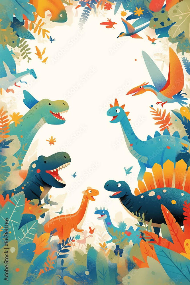Cute card template and frame with colorful dinosaurs, dino background ...