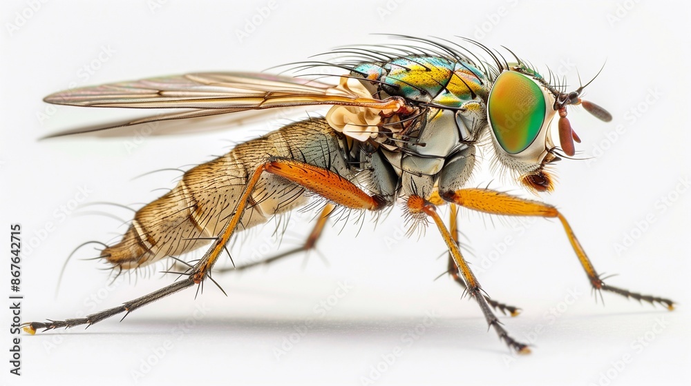 Macro photograph of a fly with iridescent green eyes, a hairy body, and ...