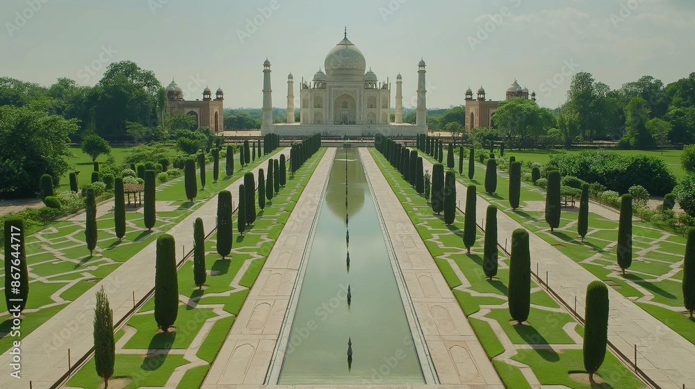 Full Front View - Wide-angle shot of the Taj Mahal from the main ...