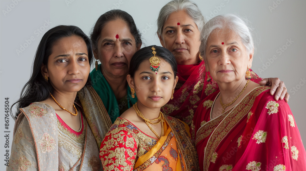 Portrait of multiple generations of Indian women (e.g., grandmother ...