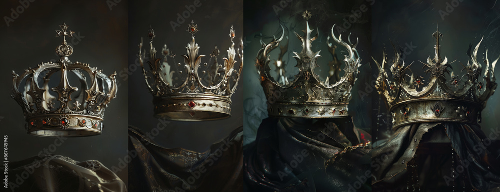 Set of royal crowns of the dark king war of ancient times. Stock ...