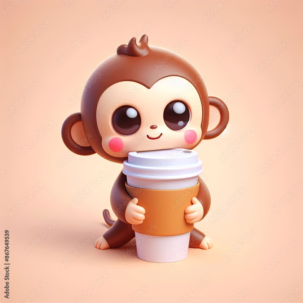 cute monkey hug coffee cup cartoon ,3d Generartive AI Stock ...