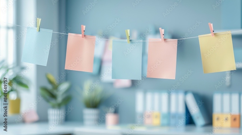 Colorful sticky notes hanging on a string with clothespins in a modern ...