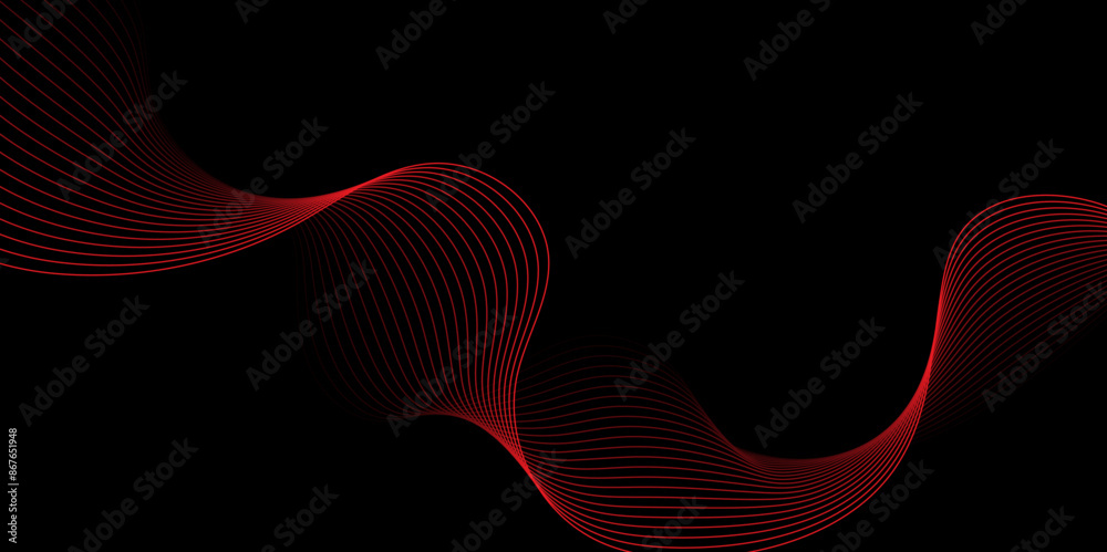 Abstract smooth red wavy line on a black background. Black background ...