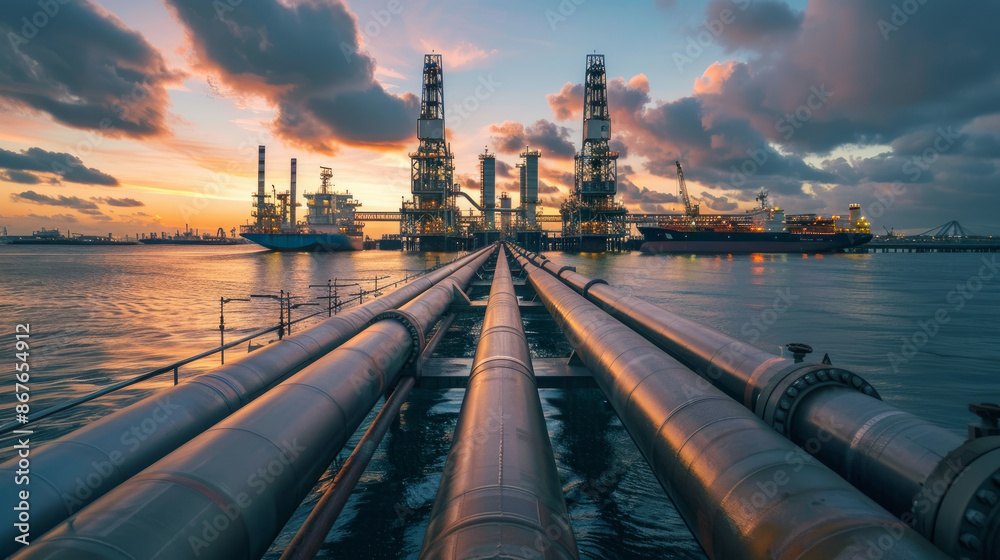 Oil and gas are transported through pipelines and pipe racks in ...