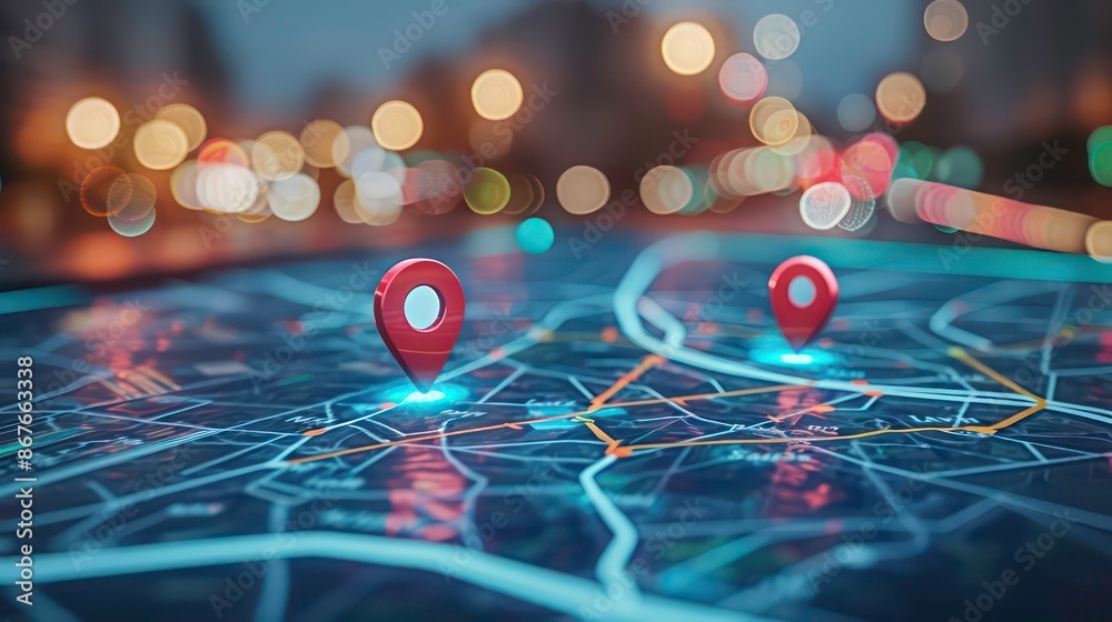 Digital hand set location on map with two pins. AI technology in GPs ...