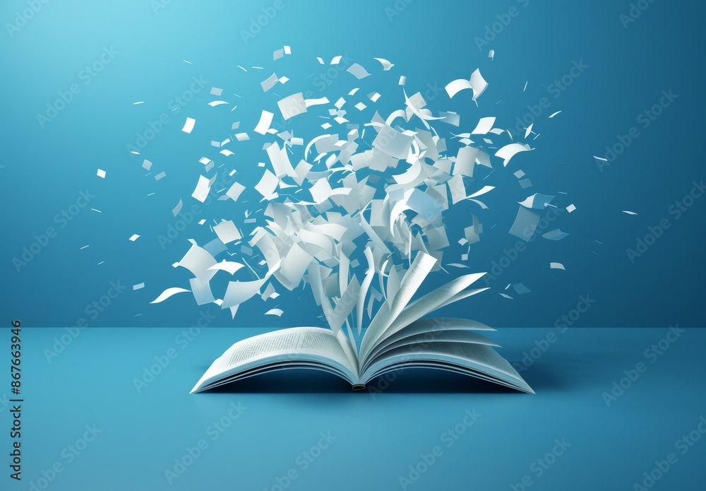 open book flying through the air with its pages turning, against a blue ...
