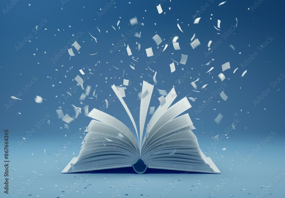 open book flying through the air with its pages turning, against a blue ...