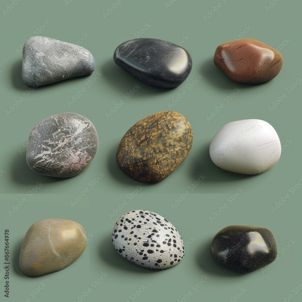 9 different types of pebbles on a green background in the hyper ...