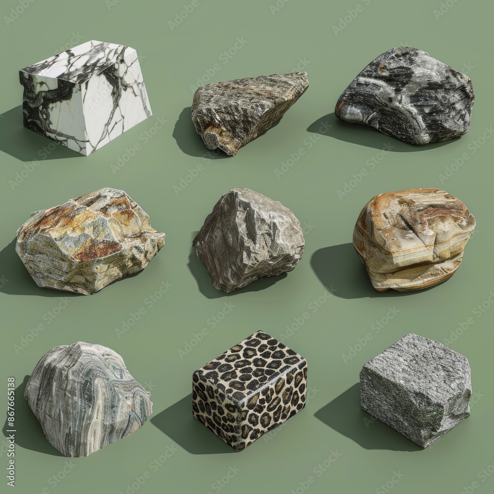 9 different types of pebbles on a green background in the hyper ...