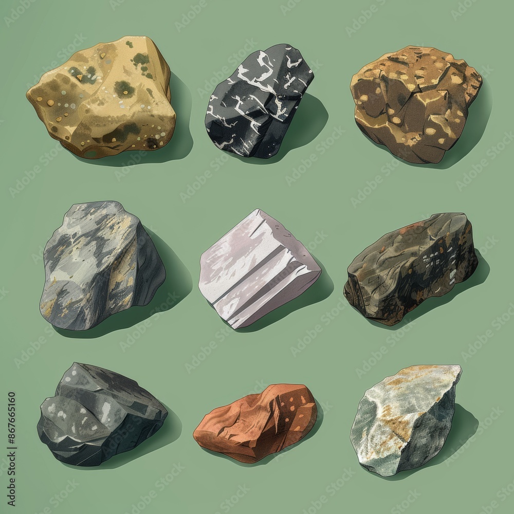 9 different types of pebbles on a green background in the hyper ...