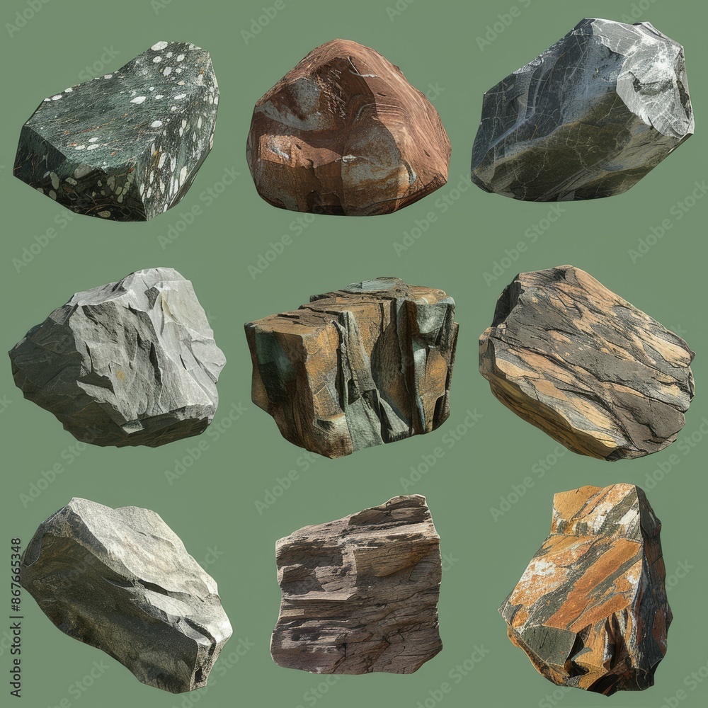 9 different types of pebbles on a green background in the hyper ...