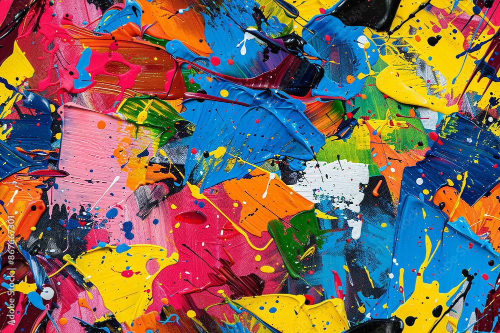 A complex, layered pattern of multicolored paint splatters and strokes ...