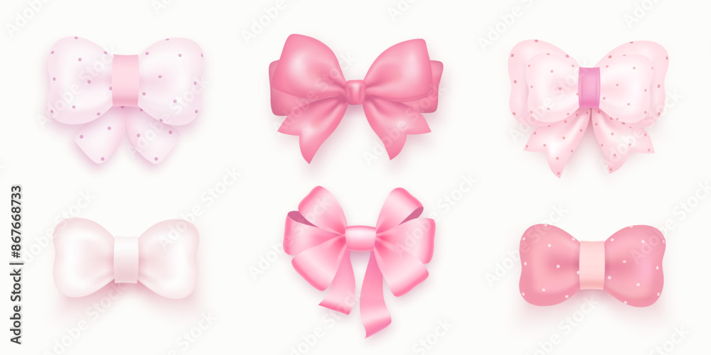 Set of realistic 3d pink bow isolated on white background. Baby shower ...