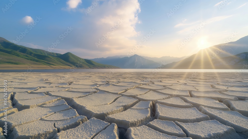 Drought-stricken landscape with cracked earth, water scarcity, global ...