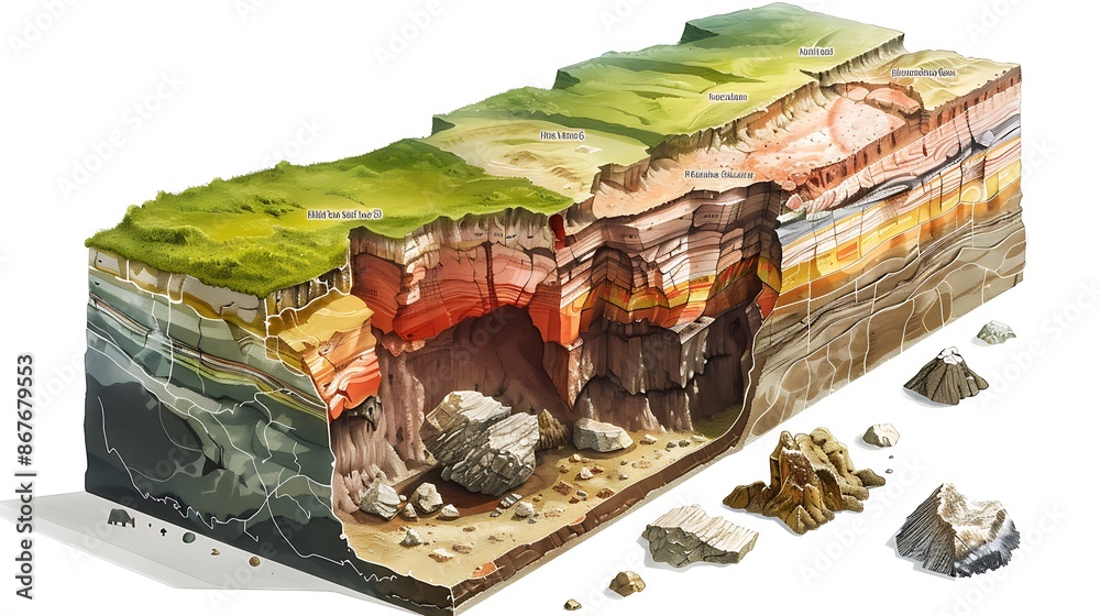 Educational visual aid illustrating rock cycle showing processes of ...