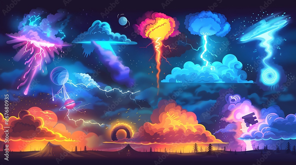 Vector illustrations of different weather phenomena thunderstorms ...