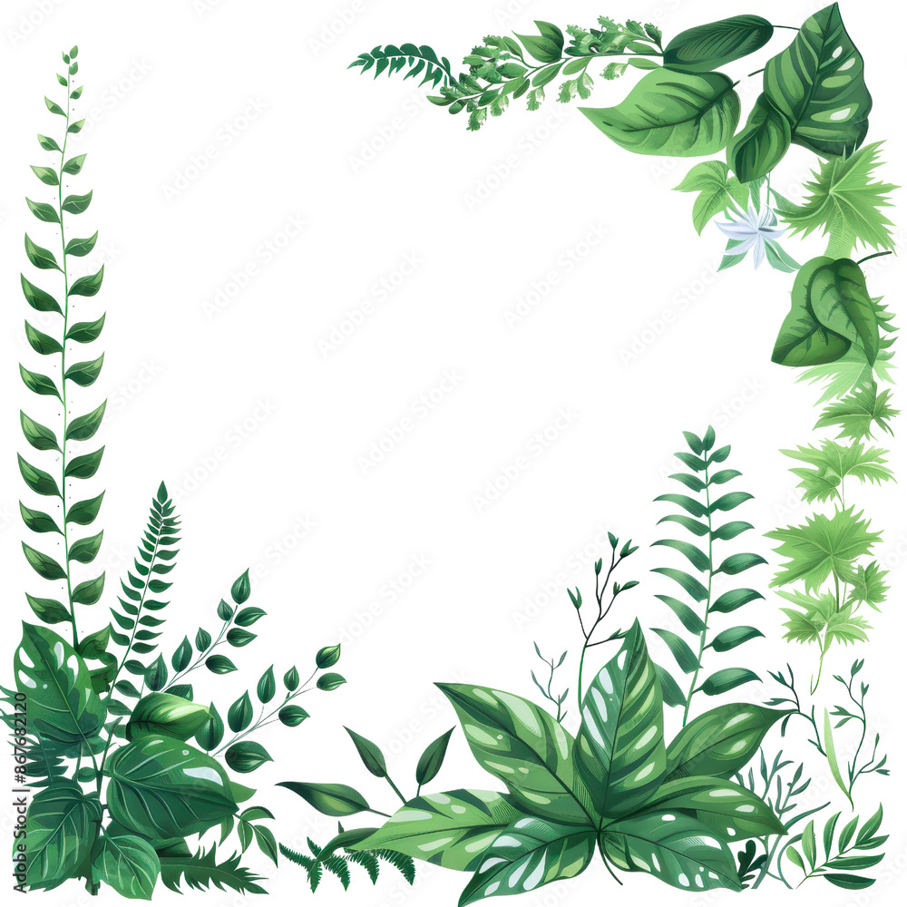 Decorative green leaf border with various tropical plants and ferns on ...