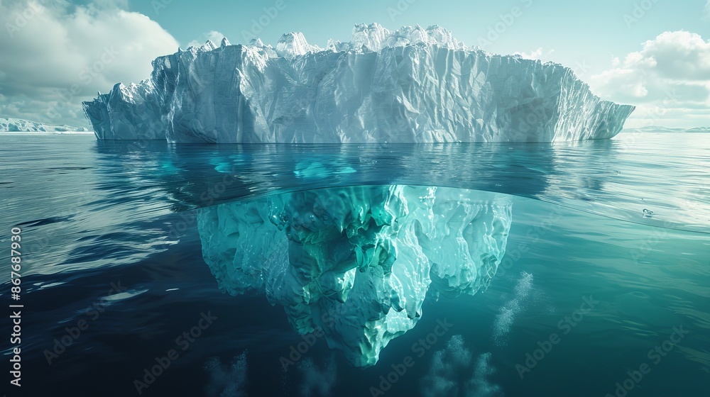 Hyper-realistic iceberg top and bottom view, underwater roots visible ...