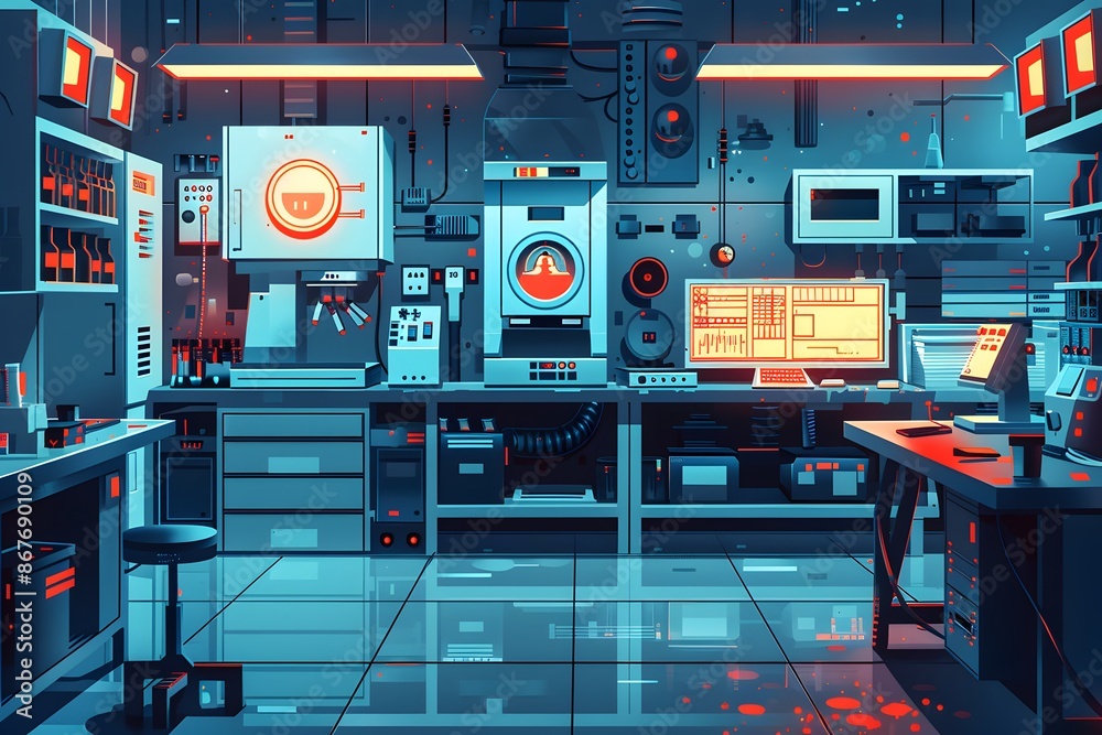 Scientific research laboratory, flat design illustration, tilted angle ...