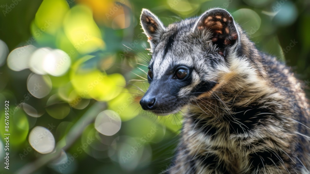 This photograph shows a close-up of a civet amidst lush greenery. The ...