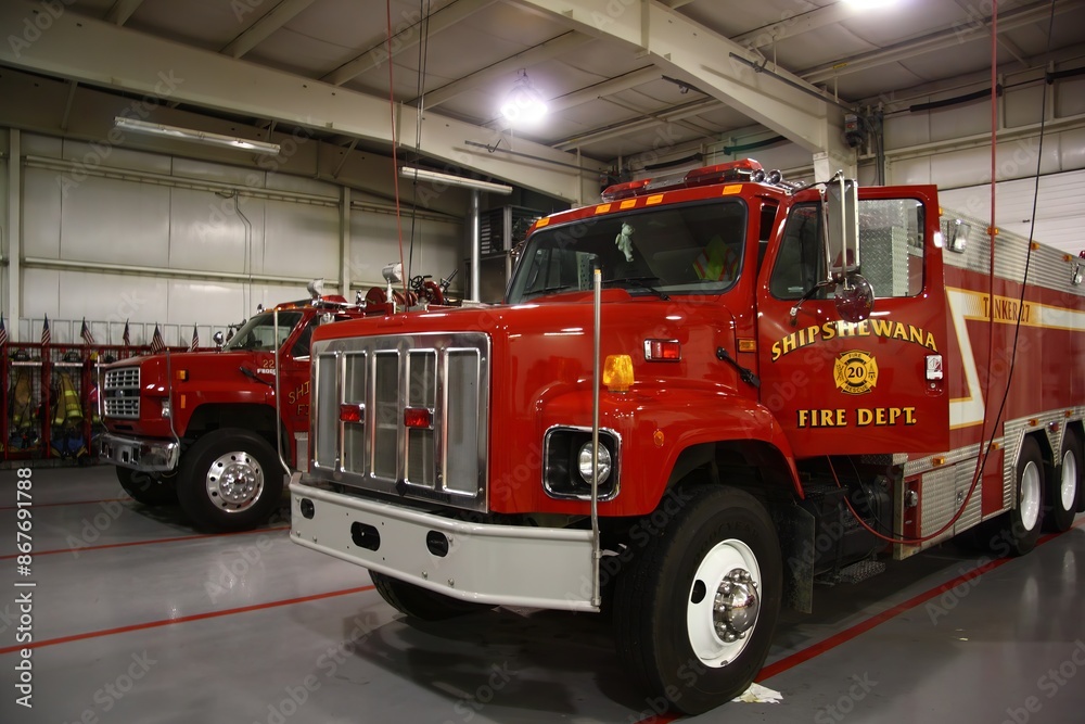 Interior of Shipshewana Fire Department garage with red fire trucks ...