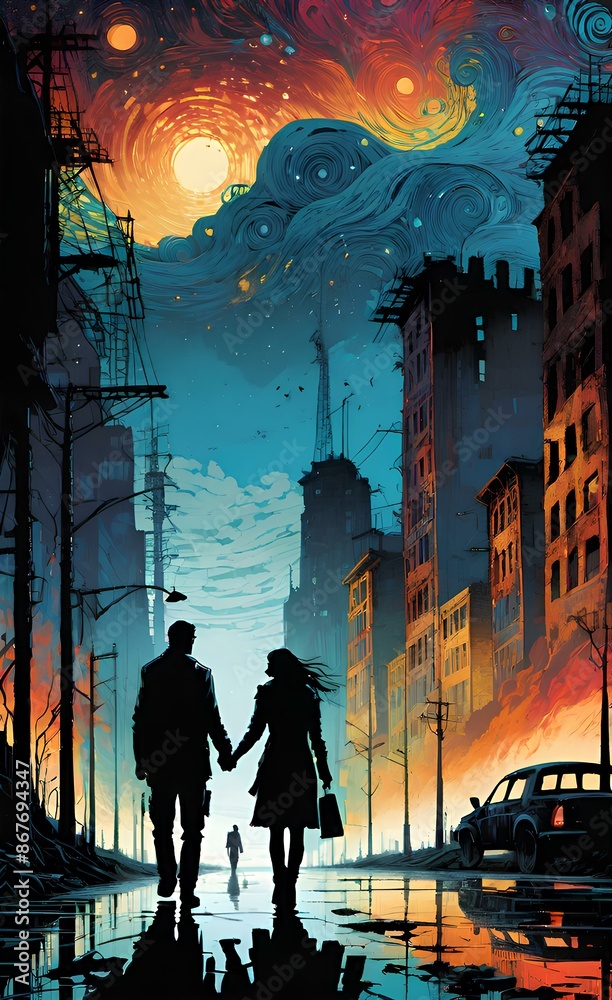 couple walking side by side and holding hands. silhouette. post ...