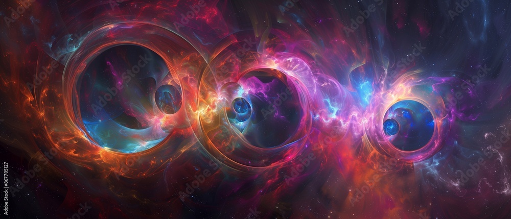 Cosmic scene, It features three large, glowing, ring-shaped objects ...