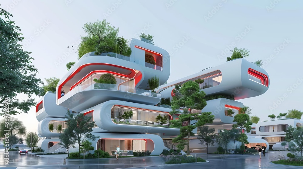 Modern, futuristic apartment building with curved architecture and ...