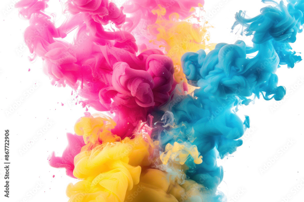 Pink, yellow and blue smoke bomb explosion. Neon color burst. Dynamic ...