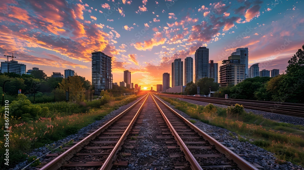 Beautiful sky and sunrise on the beautiful train tracks passing through ...