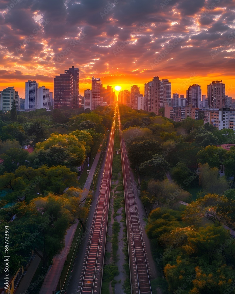 Beautiful sky and sunrise on the beautiful train tracks passing through ...
