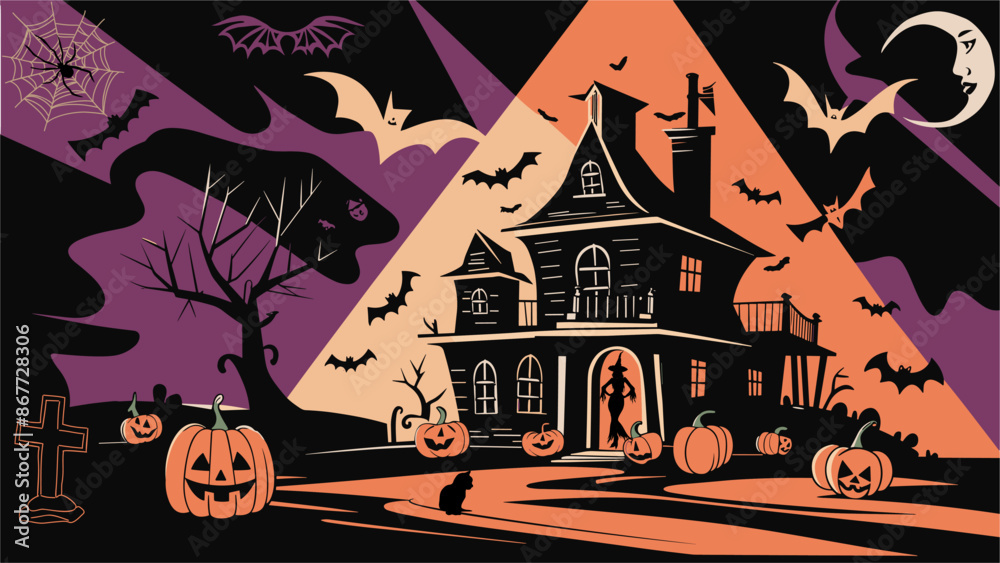 Halloween banner, background with haunted house, witch, black cat, evil ...