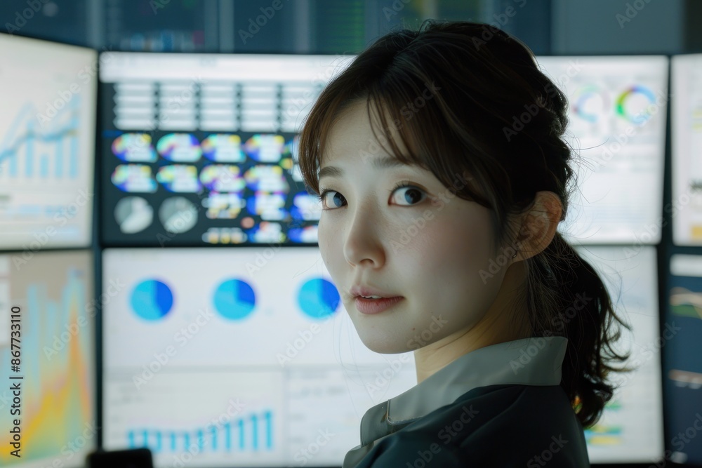 Japanese data analyst visualizing information on dual monitors, focused ...