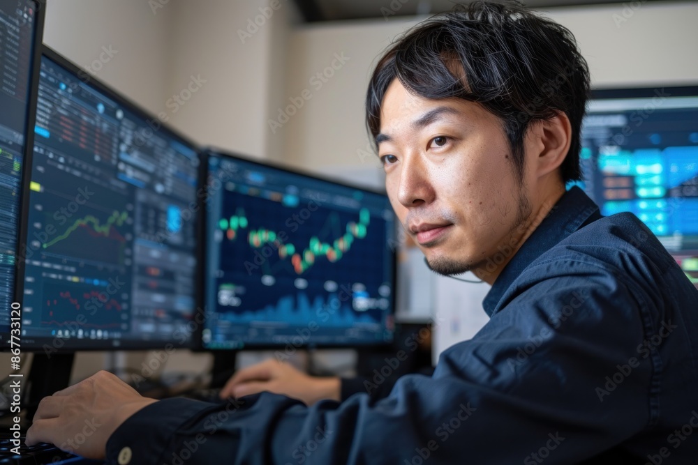 Japanese data analyst visualizing information on dual monitors, focused ...