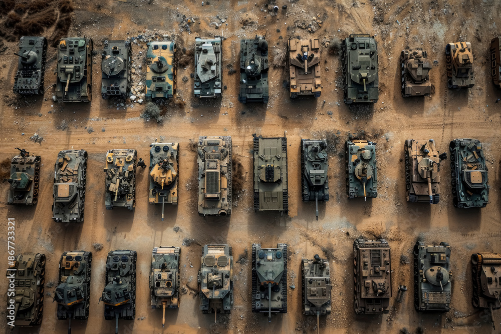 various military equipment strategically located on the training ground ...