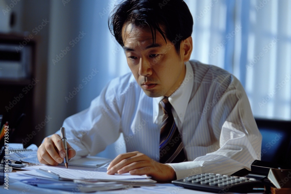 Japanese accountant managing financial statements, focused and ...
