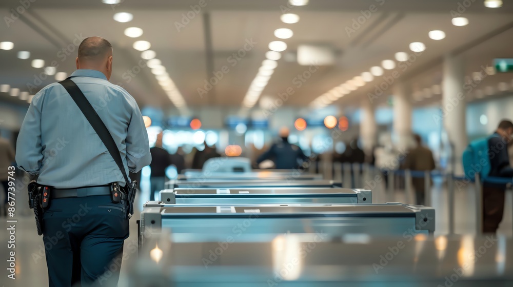 Airport security personnel monitoring the screening area, airport ...
