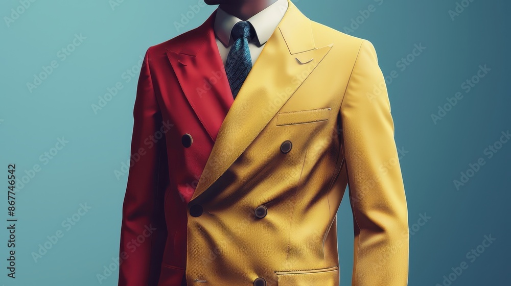 Person wearing a striking suit with a split design. The left side of ...