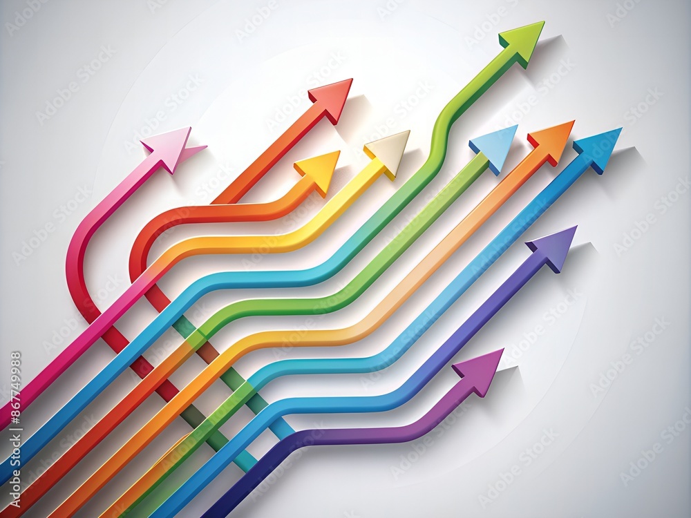 Colorful arrows flowing through a minimalist white background, guiding ...