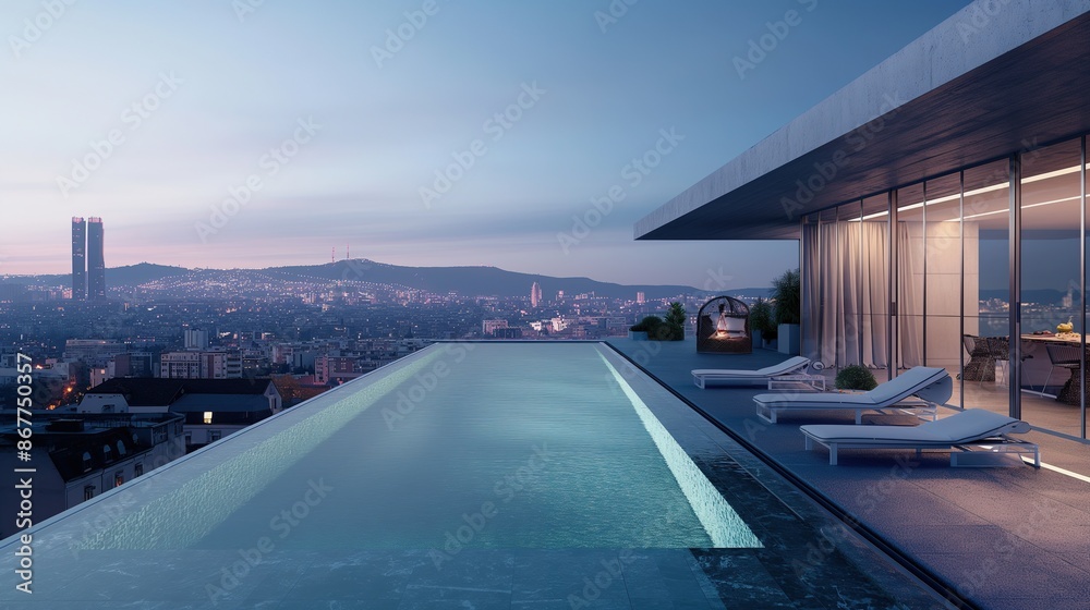 swimming pool with panoramic sunset views in the metropolis Stock ...