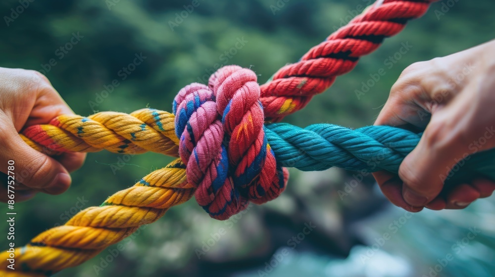 Team rope diverse strength connect partnership together teamwork unity ...