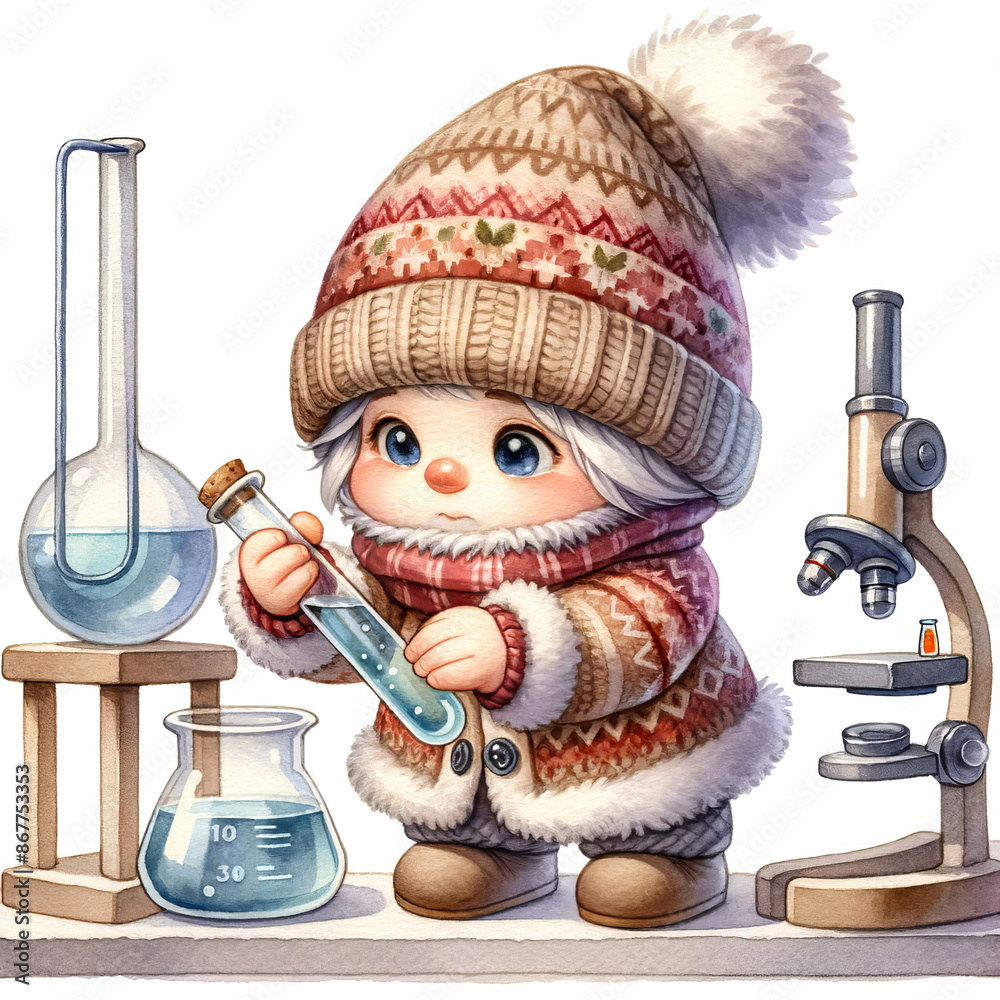 Adorable child in winter clothes performing science experiments with ...