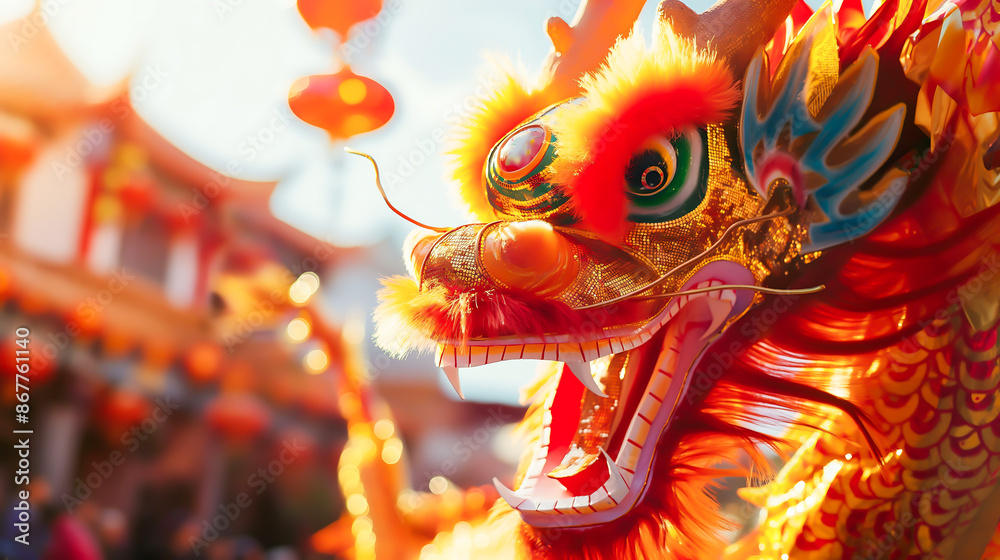 Dragon dancing at Chinese New Year. Golden Dragon Parade. Vibrant ...