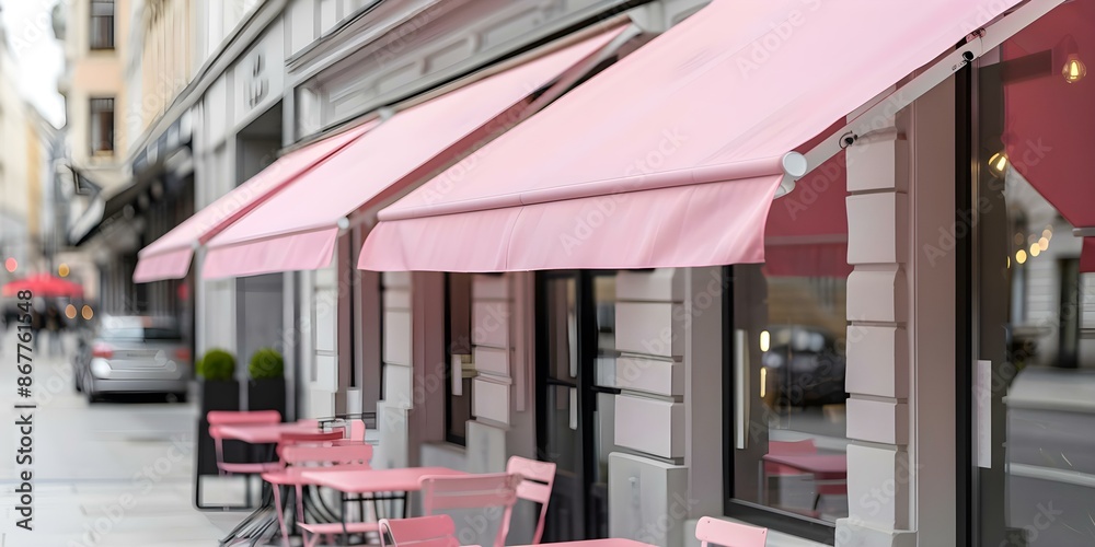 Urban cafe with pink awnings and windows on city sidewalk. Concept ...