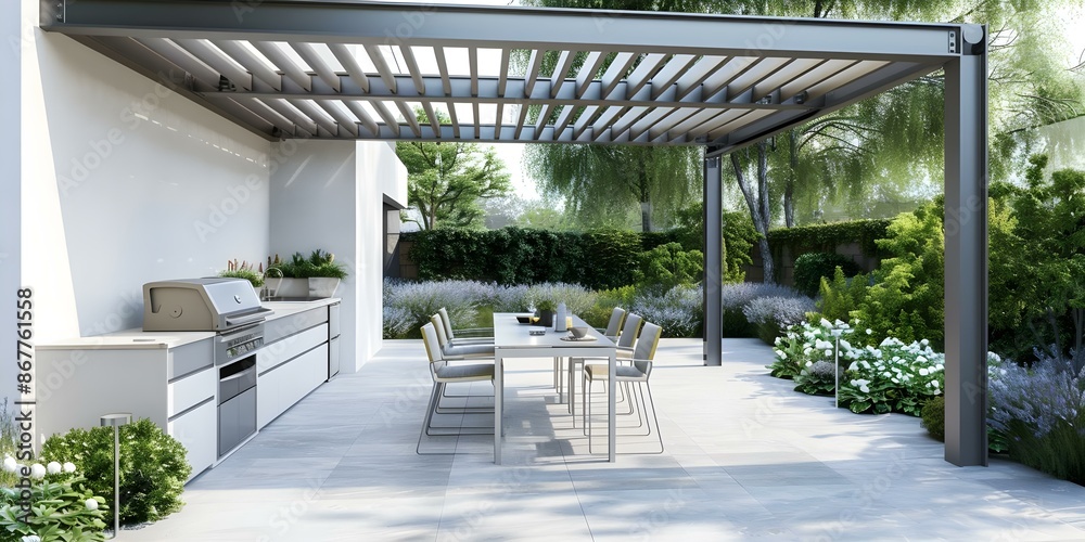 3D rendering of a modern patio with pergola dining table and grill ...