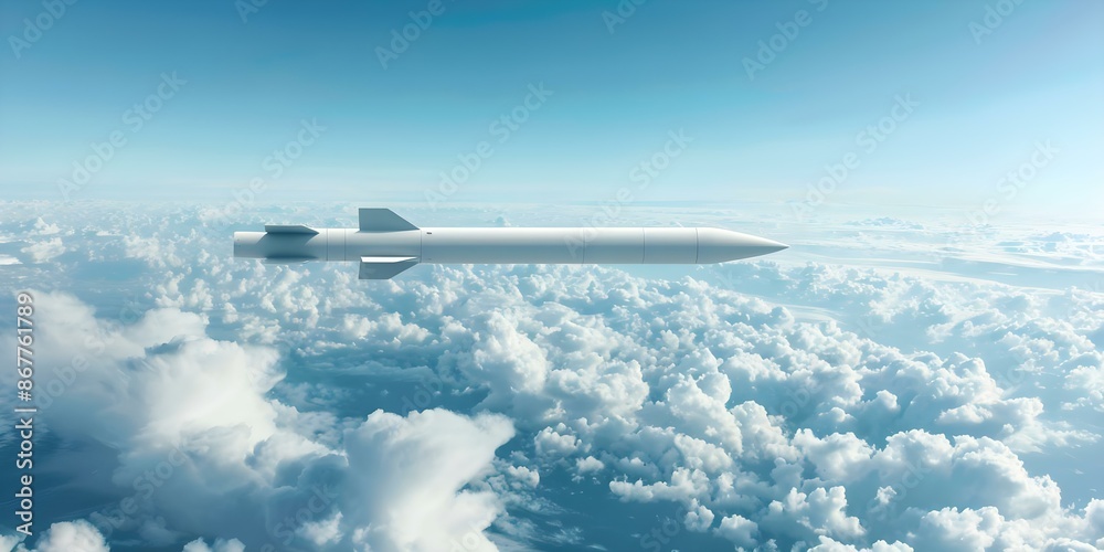 Hypersonic missile rocket in dramatic aerial assault above the clouds. Concept Military ...