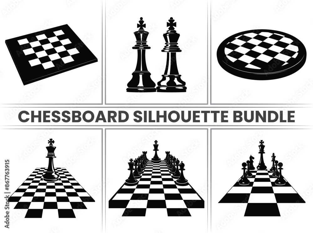 Chess pieces on a Chessboard silhouette Checkers vector in black and on ...
