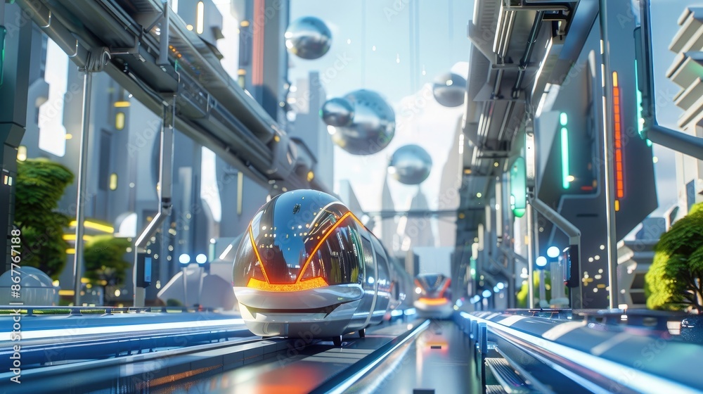A 3D scene showing a futuristic public transport system with levitating ...