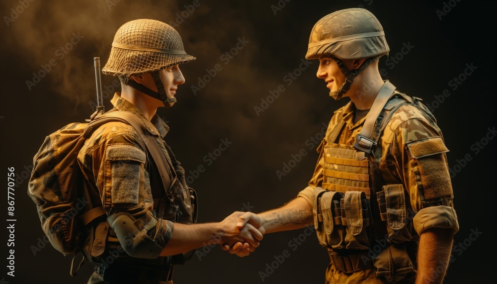 Two soldiers in full uniform and tactical gear are shaking hands ...